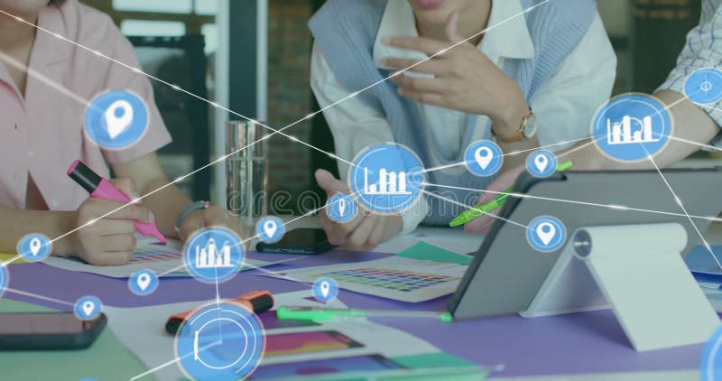 Image of Network of Connections with Graph Icons Over Diverse Business ...