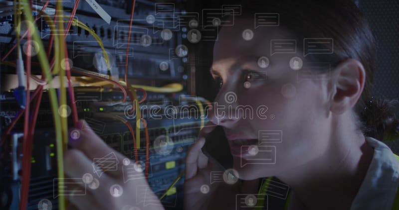 Image of Network of Connections and Icons Over Caucasian Female Server ...
