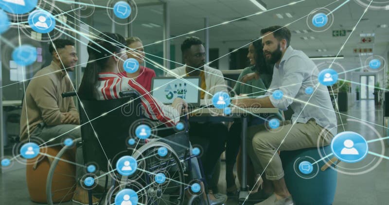 Image of Network of Connections with Icons Over Disabled and Diverse ...