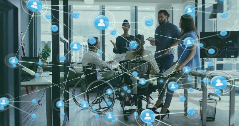 Image of Network of Connections with Icons Over Disabled and Diverse ...