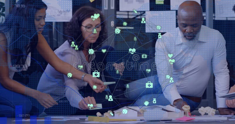 Image of Network of Connections with Icons Over Diverse Colleagues ...