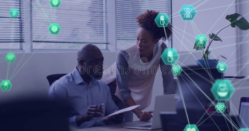 Image of Network of Connections with Icons Over Diverse Colleagues ...