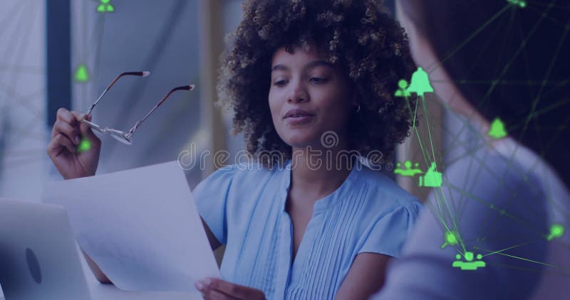 Image of Network of Connections with Icons Over Diverse Colleagues ...