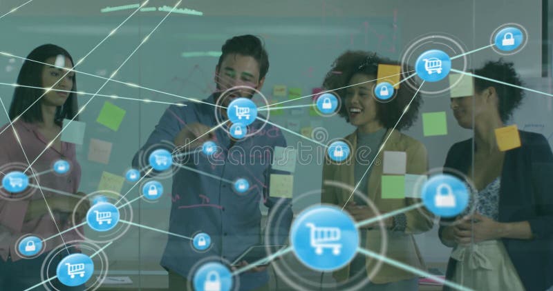 Image of Network of Connections with Icons Over Diverse Colleagues ...