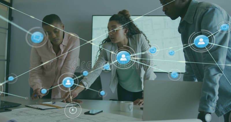 Image of Network of Connections with Icons Over Diverse Colleagues ...
