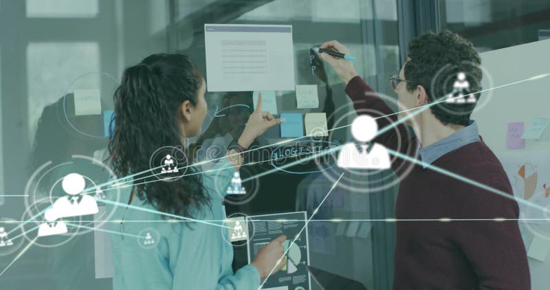 Image of Network of Connections with Icons Over Diverse Colleagues ...