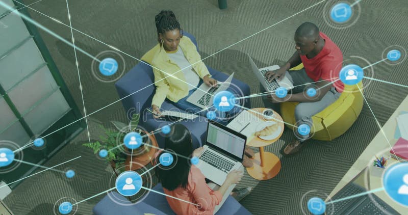 Image of Network of Connections with Icons Over Diverse Colleagues ...