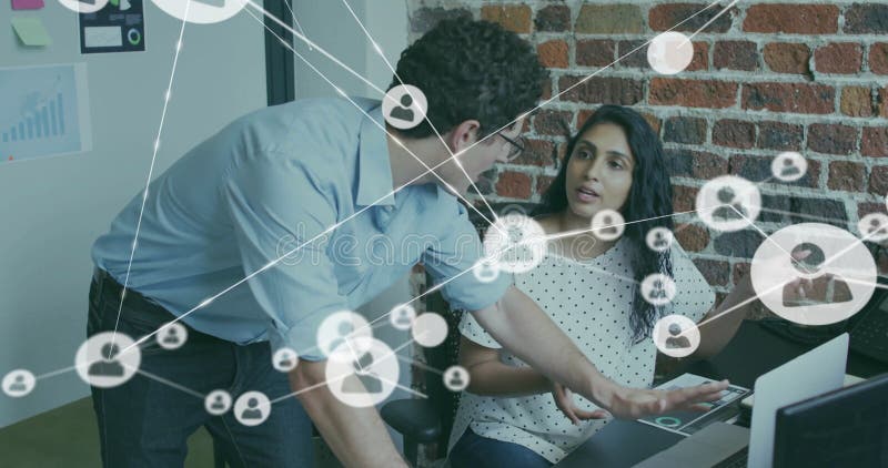 Image of Network of Connections with Icons Over Diverse Colleagues ...