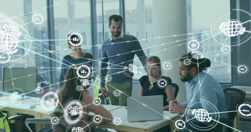 Image of Network of Connections with Icons Over Diverse Colleagues ...