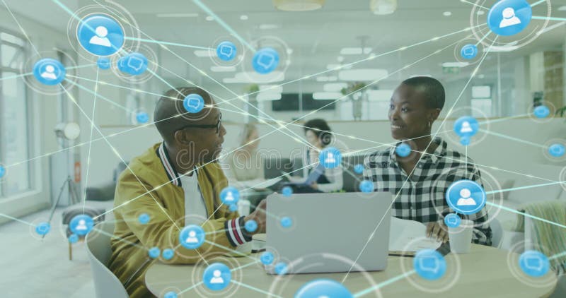 Image of Network of Connections with Icons Over Diverse Colleagues ...