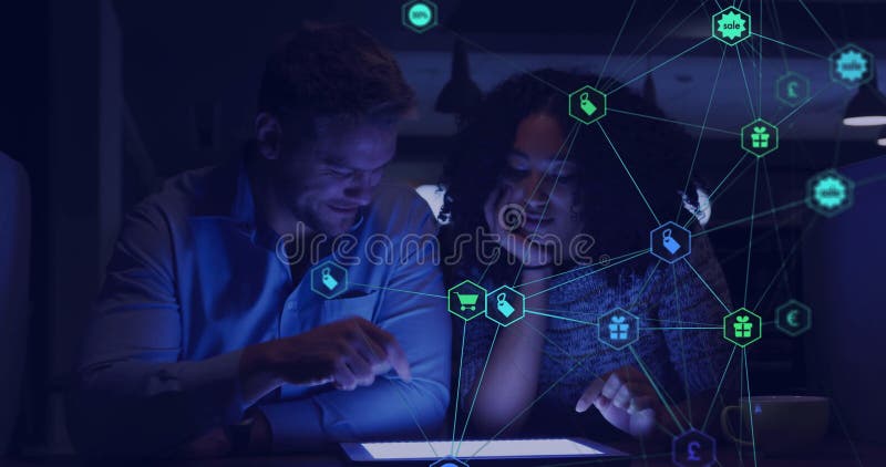 Image of Network of Connections with Icons Over Diverse Colleagues ...