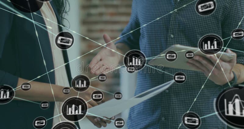 Image of Network of Connections with Icons Over Diverse Colleagues ...