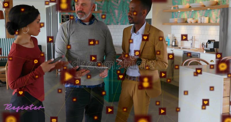 Image of Network of Connections with Icons Over Diverse Colleagues ...