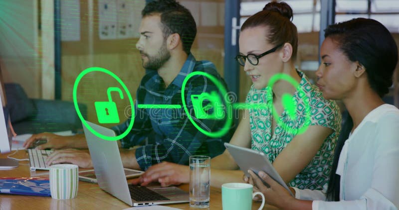 Image of Network of Connections with Icons Over Diverse Colleagues Working in Office Stock Image ...