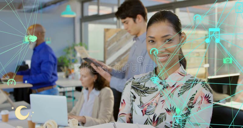 Image of Network of Connections with Icons Over Diverse Colleagues ...