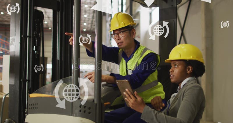 Image of Network of Connections with Icons Over Diverse Engineers in ...