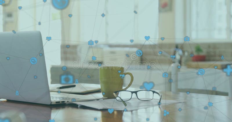 Image of Network of Connections with Icons Over Empty Office with ...