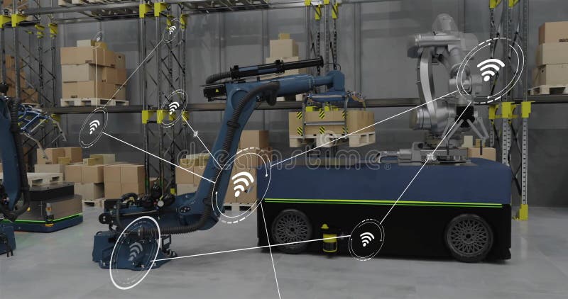 Image of Network of Connections with Icons Over Machines Working in ...