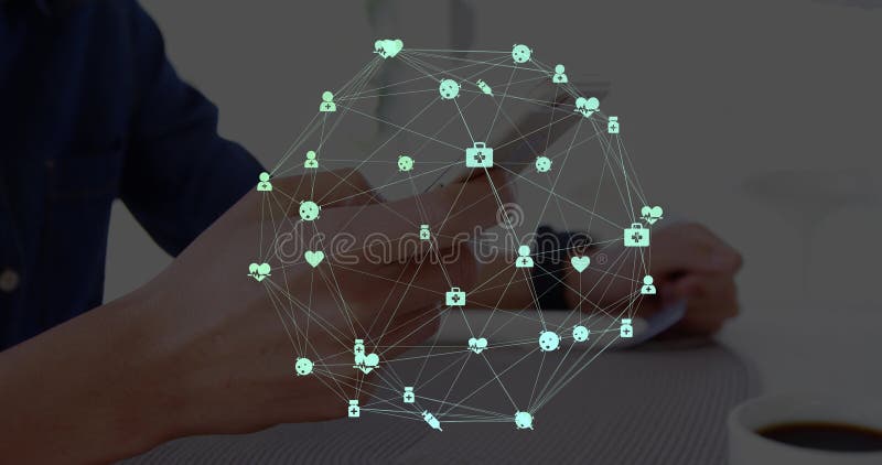 Image of Network of Connections with Icons Over Men Using Smartphone ...