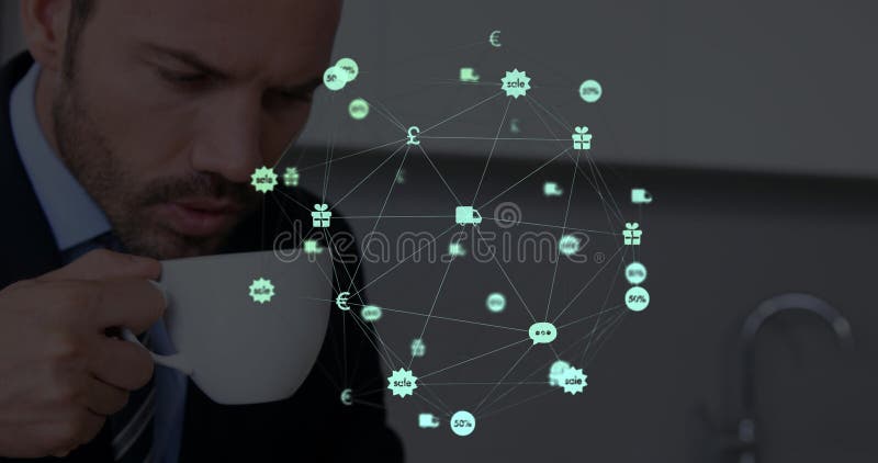 Image of Network of Connections with Icons Over Men Using Smartphone ...