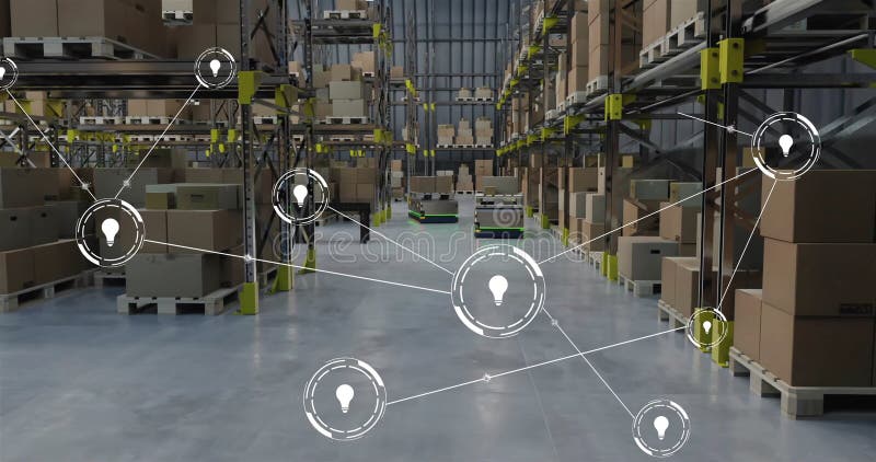 Image of Network of Connections with Icons Over Robots Working in ...