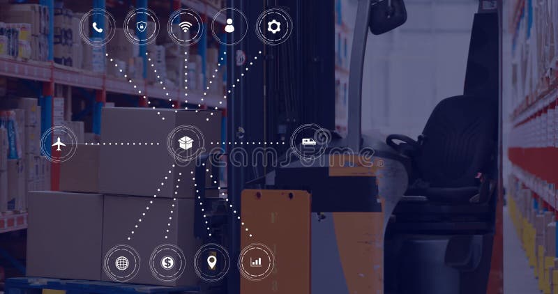 Image of Network of Connections with Icons Over Warehouse Stock Photo ...