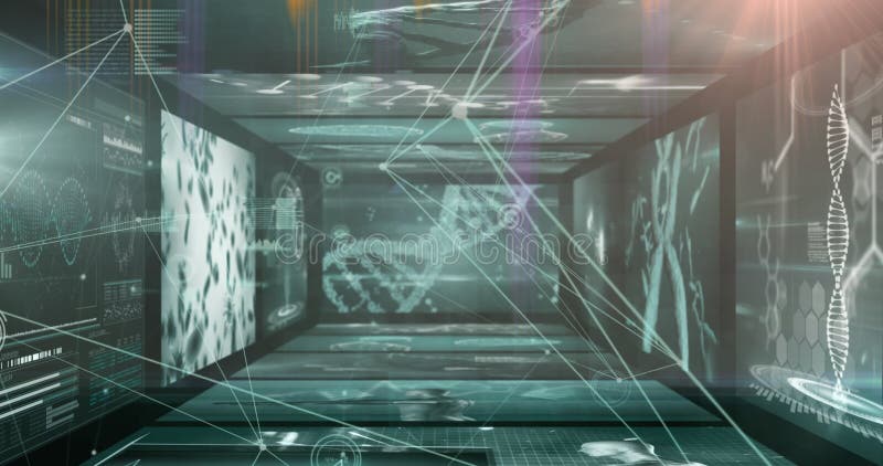 Image of Network of Connections and Light Spot Against Screens with ...