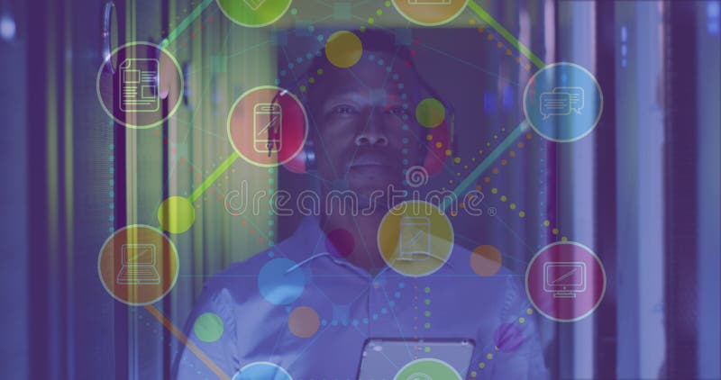 Image of Network of Connections Over African American Male Server Room ...