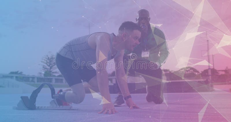 Image of Network of Connections Over Biracial Runner with Running Blade ...