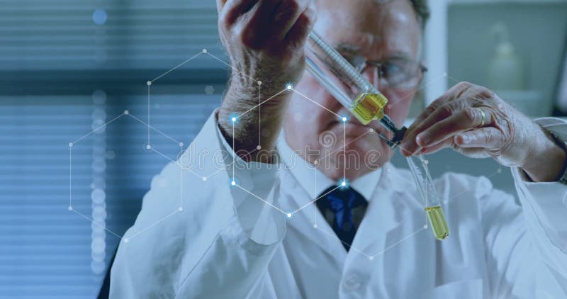 Image of Network of Connections Over Caucasian Male Scientist Working ...