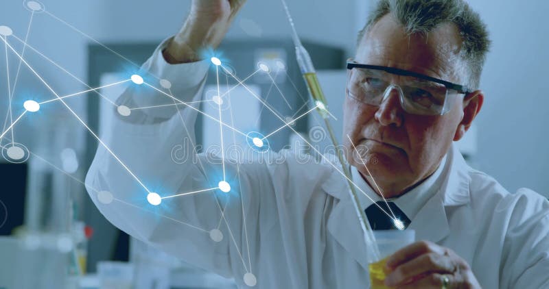 Image of Network of Connections Over Caucasian Male Scientist Working ...