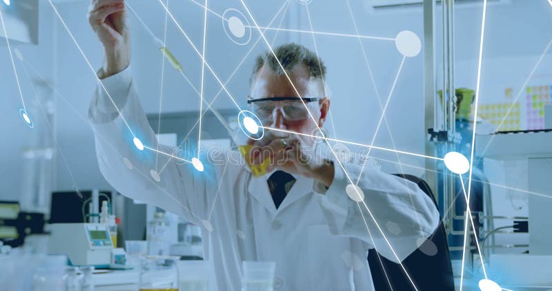 Image of Network of Connections Over Caucasian Male Scientist Working ...