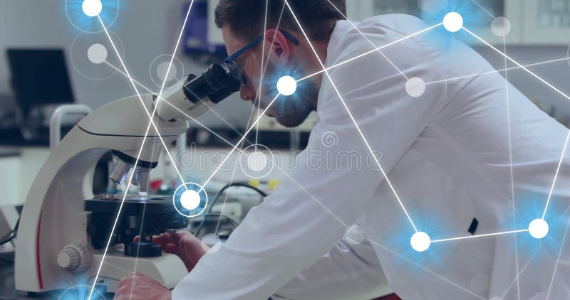 Image of Network of Connections Over Caucasian Male Scientist Working ...