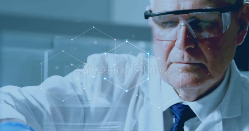 Image of Network of Connections Over Caucasian Male Scientist Working ...