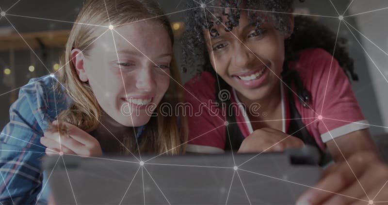 Image of Network of Connections Over Diverse Women Using Tablet Stock ...