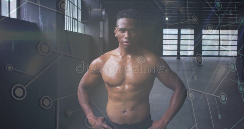 Image of Network of Connections Over Man Flexing His Muscles in an ...