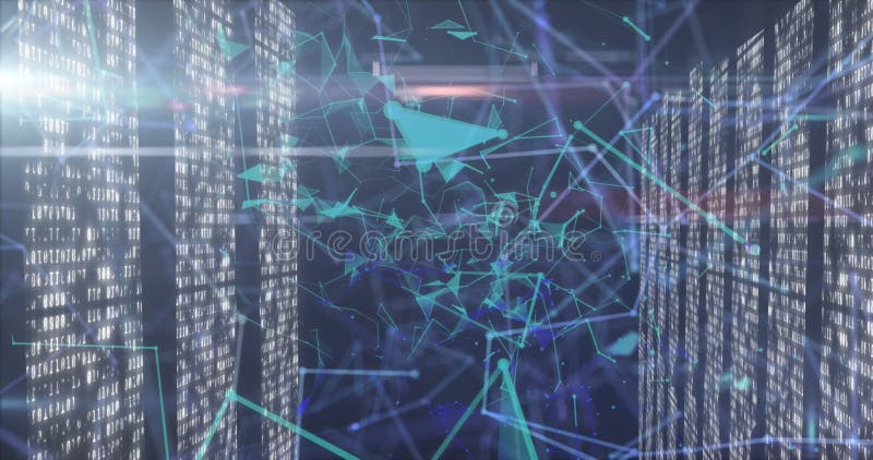 Image of Network of Connections Over Moving Columns on Black Background ...