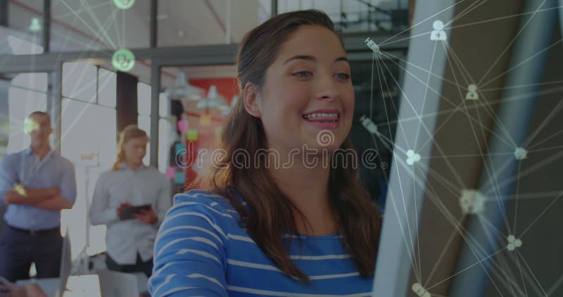 Image of Network of Connections Over Schoolchildren Siting in Classroom ...