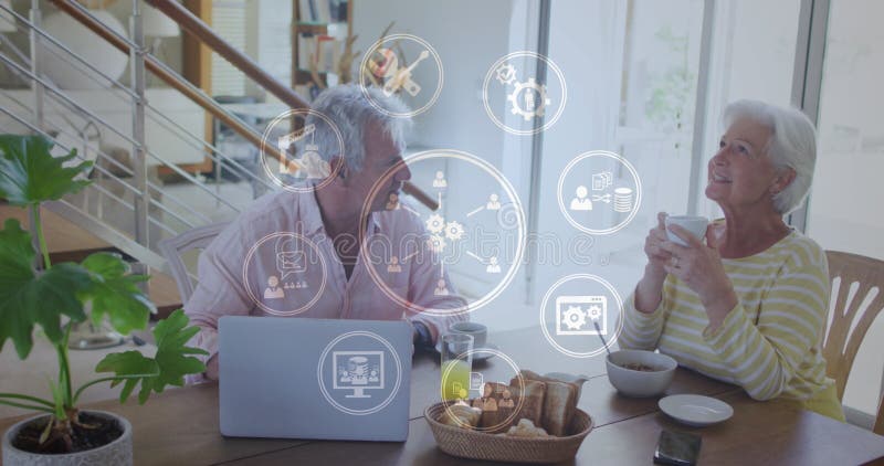 Image of Network of Connections Over Senior Caucasian Couple Using ...