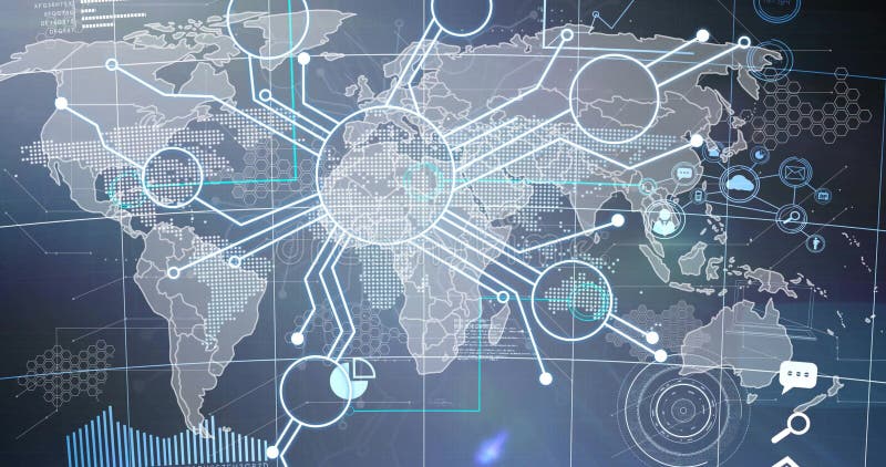 Image of Network of Connections Over World Map and Media Icons Stock ...