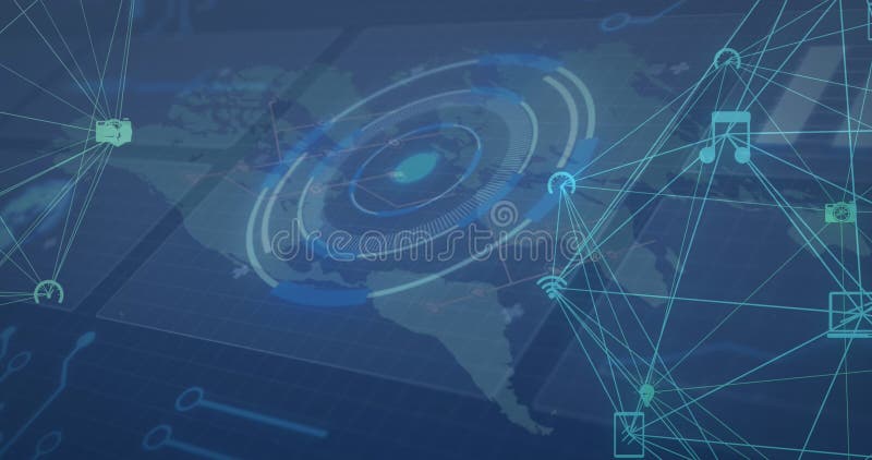Image of Network of Connections Over World Map and Processing Circle ...