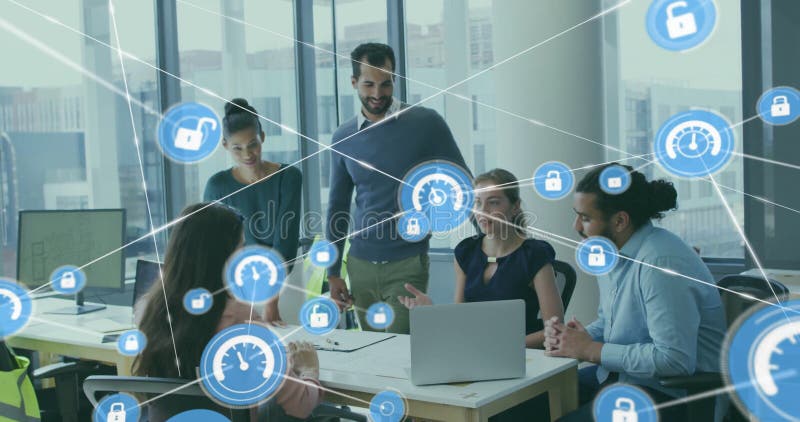 Image of Network of Connections with Padlock Icons Over Diverse ...
