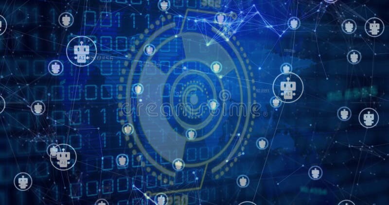 Image of Network of Connections with Robot Icons Over Scope Scanning and World Map Stock ...