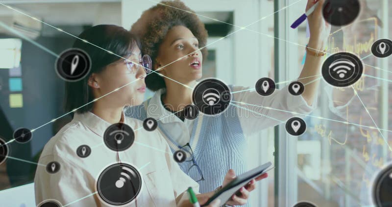 Image of Network of Connections with Wifi Icons Over Diverse Business ...