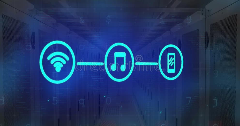 Image of Network of Digital Icons and Blue Light Spot Against Computer ...