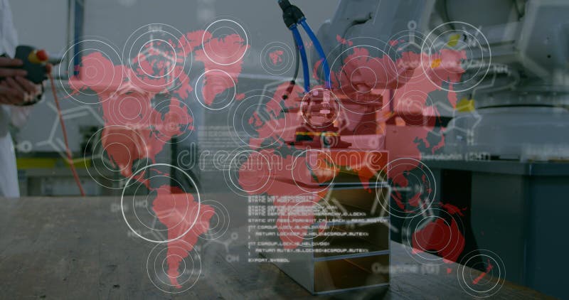 Image of Network of Digital Icons Over World Map and Robot Working Stock Illustration ...