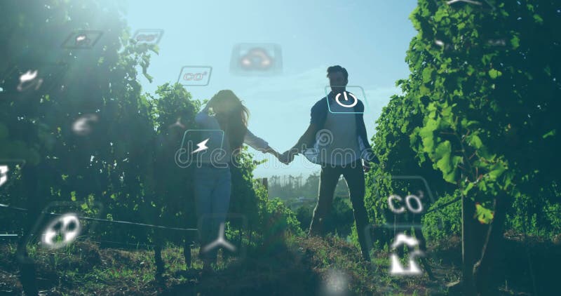 Image of Network of Eco Icons Over Caucasian Couple in Vineyard Stock ...