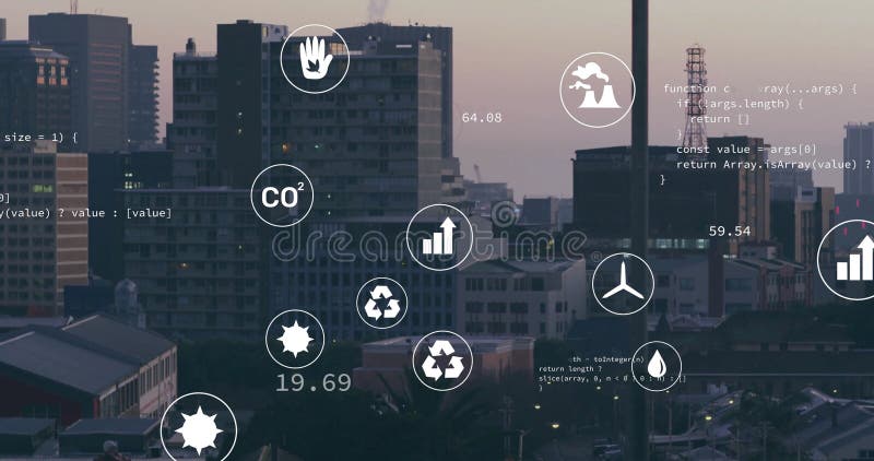 Image of Network of Eco Icons Over City Stock Illustration ...