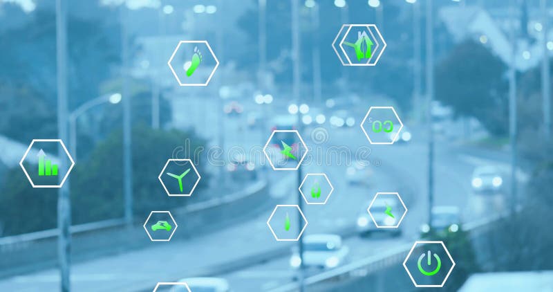 Image of Network of Eco Icons Over City Stock Illustration ...