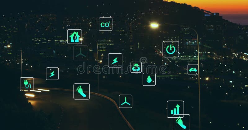 Image of Network of Eco Icons Over Cityscape Stock Illustration ...